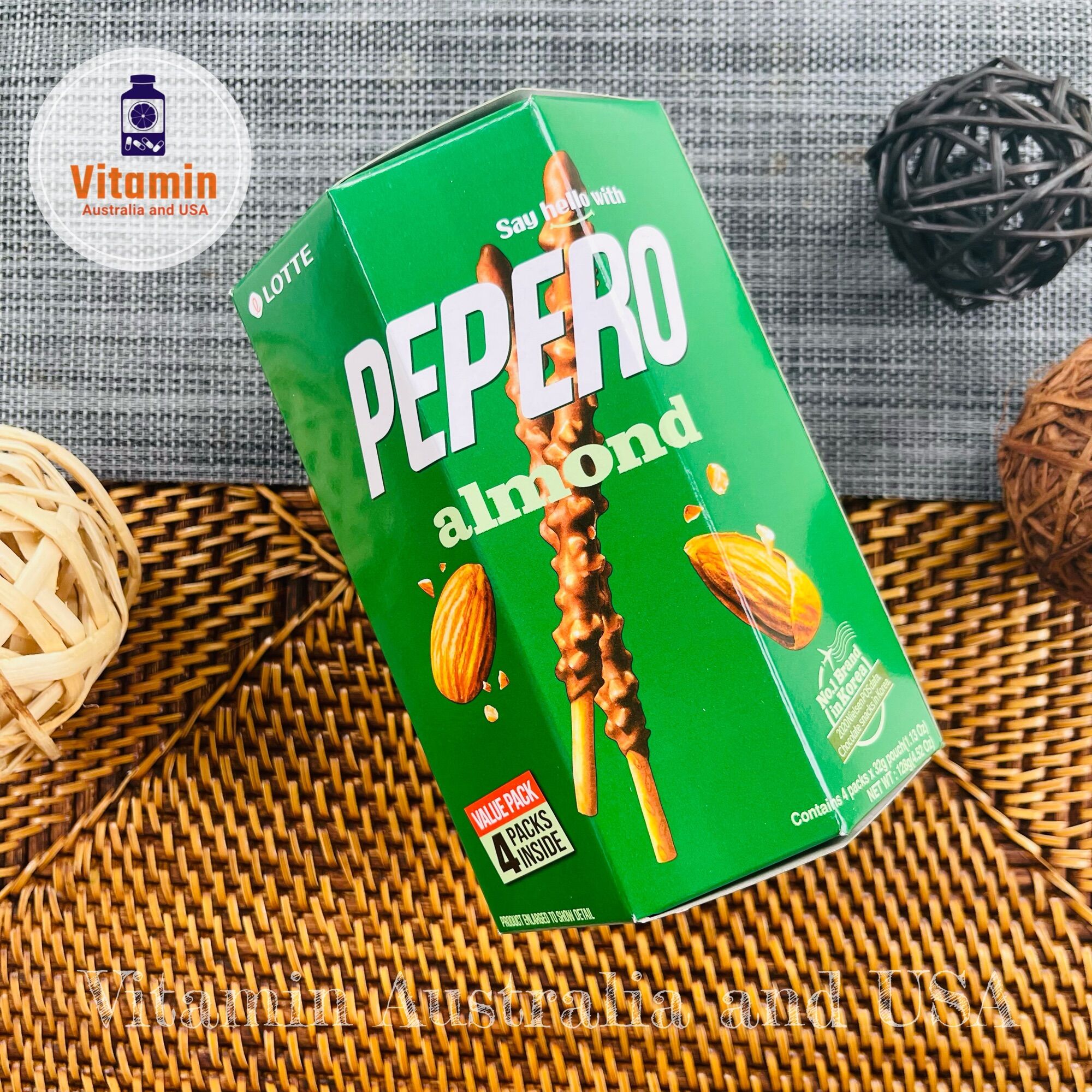 Pepero Almond ป๊อกกี้ Lotte Pepero จากเกาหลี ขนาดกล่องใหญ่ มี4ห่อย่อย ...