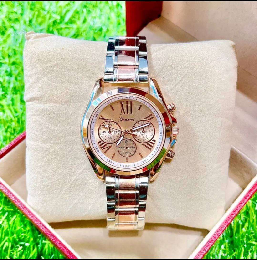 นาฬิกาแบรนด์ GENEVA งานแท้ กันน้ำ สายพิ้งโกลด์ ขอบเรียบ หน้าปัดสไตล์ MK ...