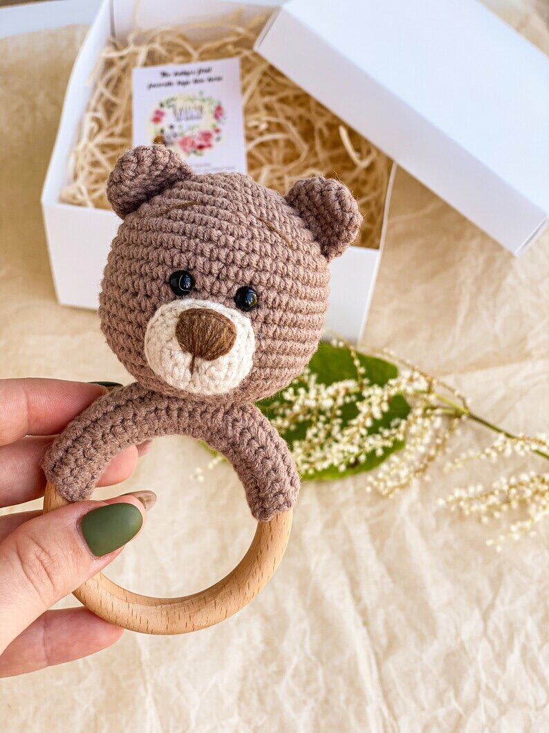 Crochet bear rattle, Wooden baby toy, Cotton rattle, Newborn gift toy ...