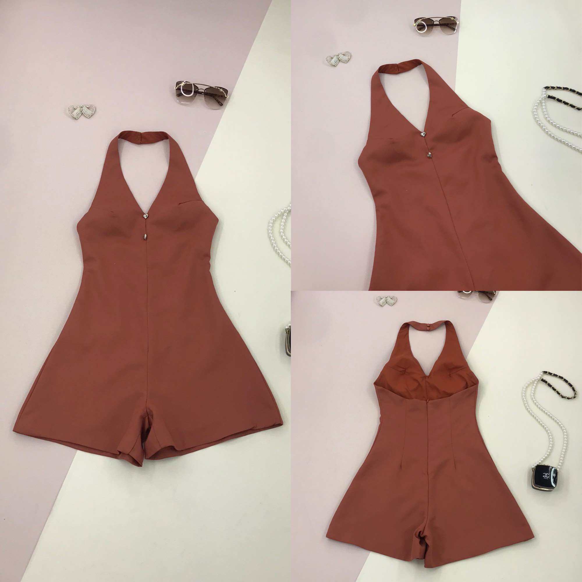 ELSA Y047 จั๊มกางเกงขาสั้นแขนกุดคอวีคล้องคอโชว์หลังแต่งกระดูมหัวใจ ...