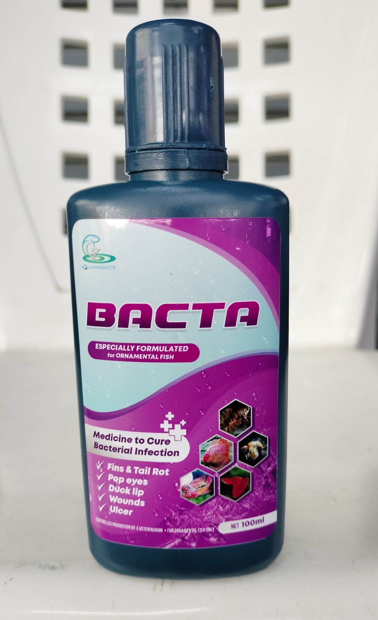 Bacta 100 ml. รักษาอาการติดเชื้อแบคทีเรีย ในปลาสวยงาม ปากบวม ตาโปน ครีบ ...