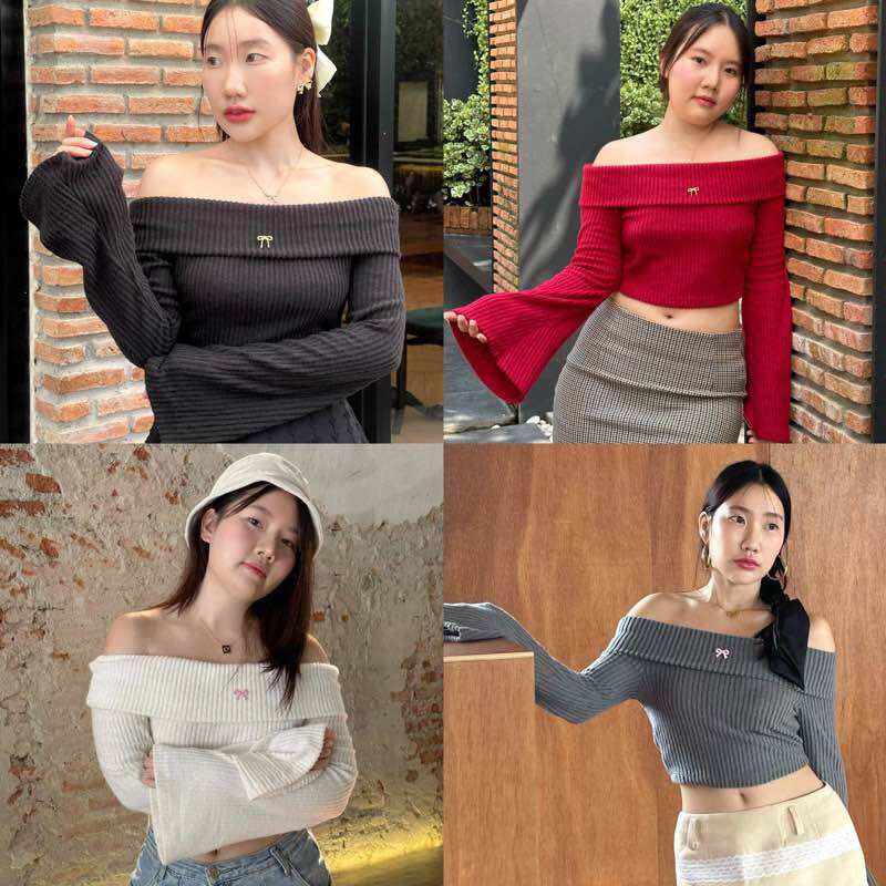 พร้อมส่ง 🖤 Anna Top ปาดไหล่ไหมพรมโบว์