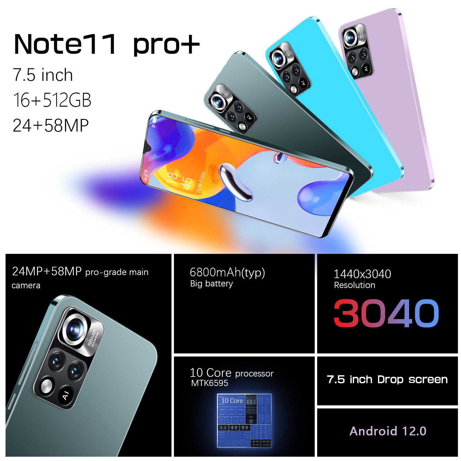 ใหม่เอี่ยม 100 โทรศัพท์มือถือ Radmi Note 11 Pro หน้าจอ7.5นิ้ว Smartphone 4G5G 16512GB 2458MP ...