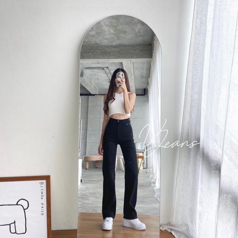 V-JEANSป้าย️️ พร้อมส่ง กางเกงยีนส์เอวสูง ขายาวใส่แล้วดูสูงเก็บพุง - NET IDOL63 - ThaiPick