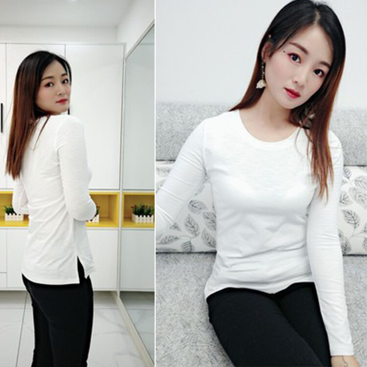 สีขาวเสื้อ T สุภาพสตรีแขนเสื้อยาวหลวมสไตล์เกาหลีสีดำเพิ่มความหนาผ้าฝ้ายฝ้าย100% ปลอกคอกลมเสื้อ ...