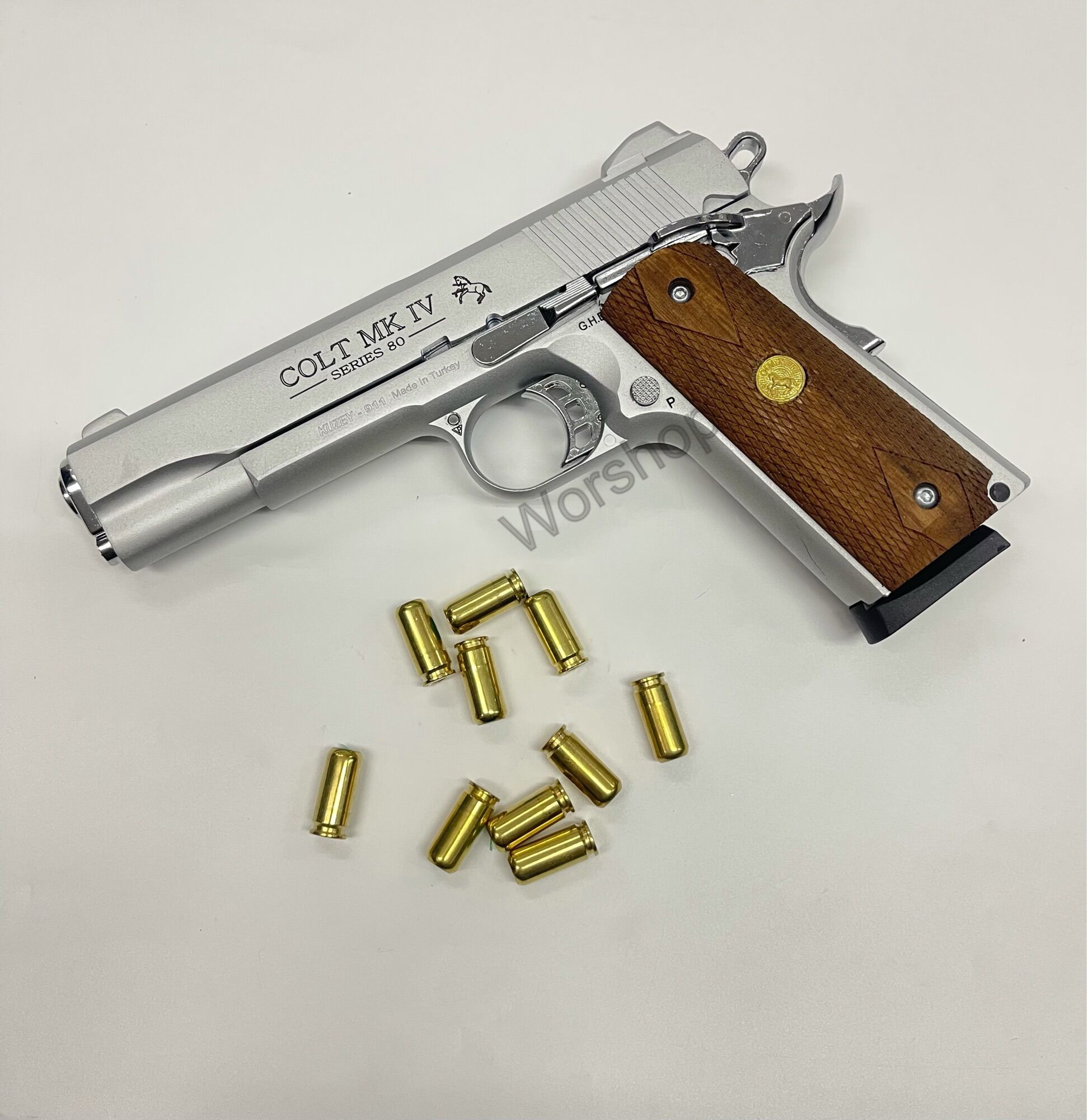 Blank Kuzey M1911“5”MK IV 9MM P.A.Kสีเงินด้านด้ามไม้ เหมาะสำหรับสะสม ...
