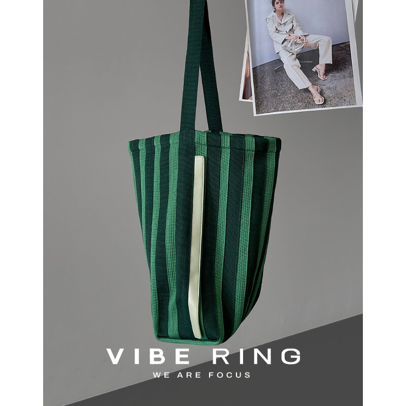 Vibering กระเป๋าผ้าแคนวาสแบบเย็บติดลายทางดีไซน์สำหรับคนกระเป๋าทรงโท้ท ...