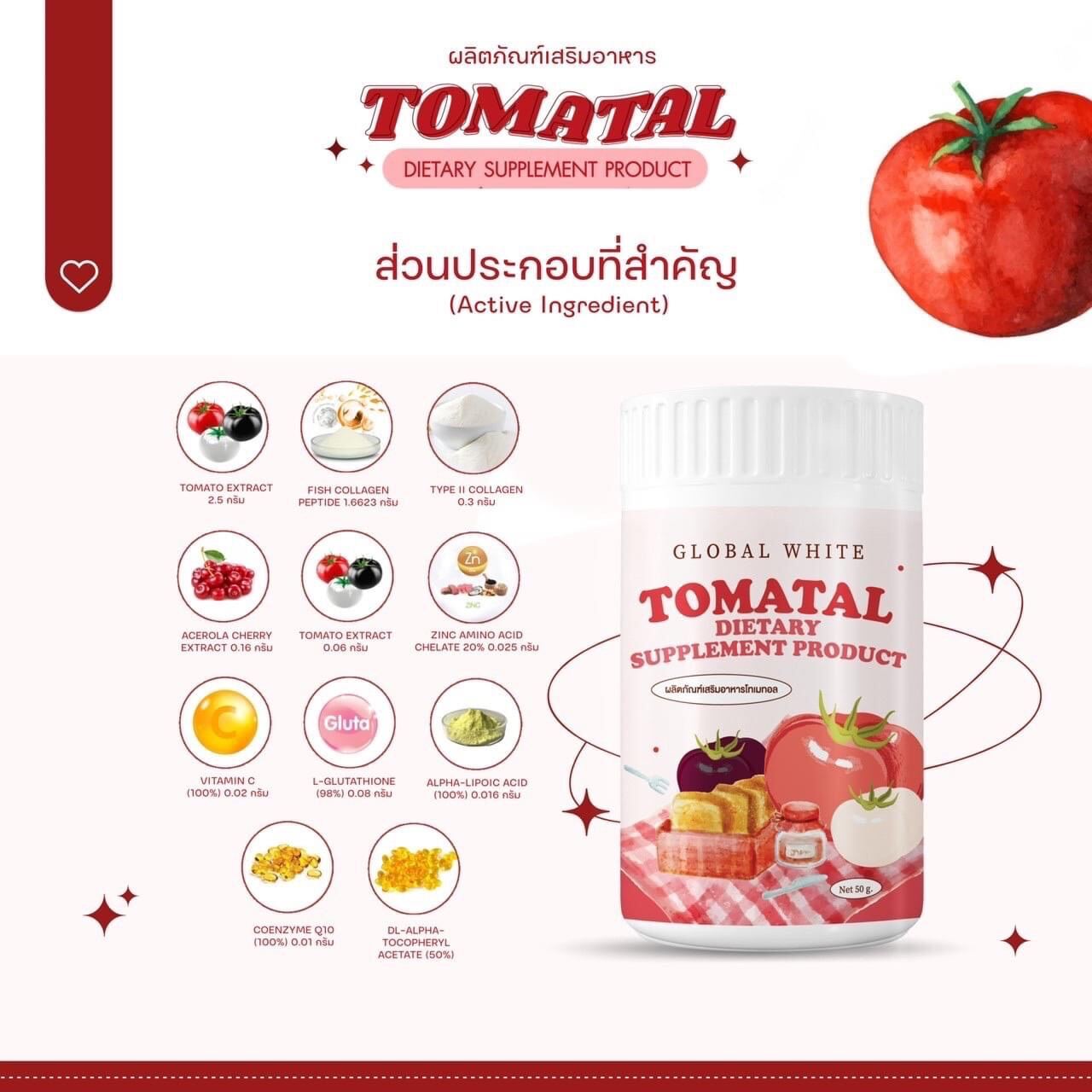 Tomatal โทเมทอล น้ำชงมะเขือเทศ ชงผิวขาว ฟื้นฟูผิว Global White ...