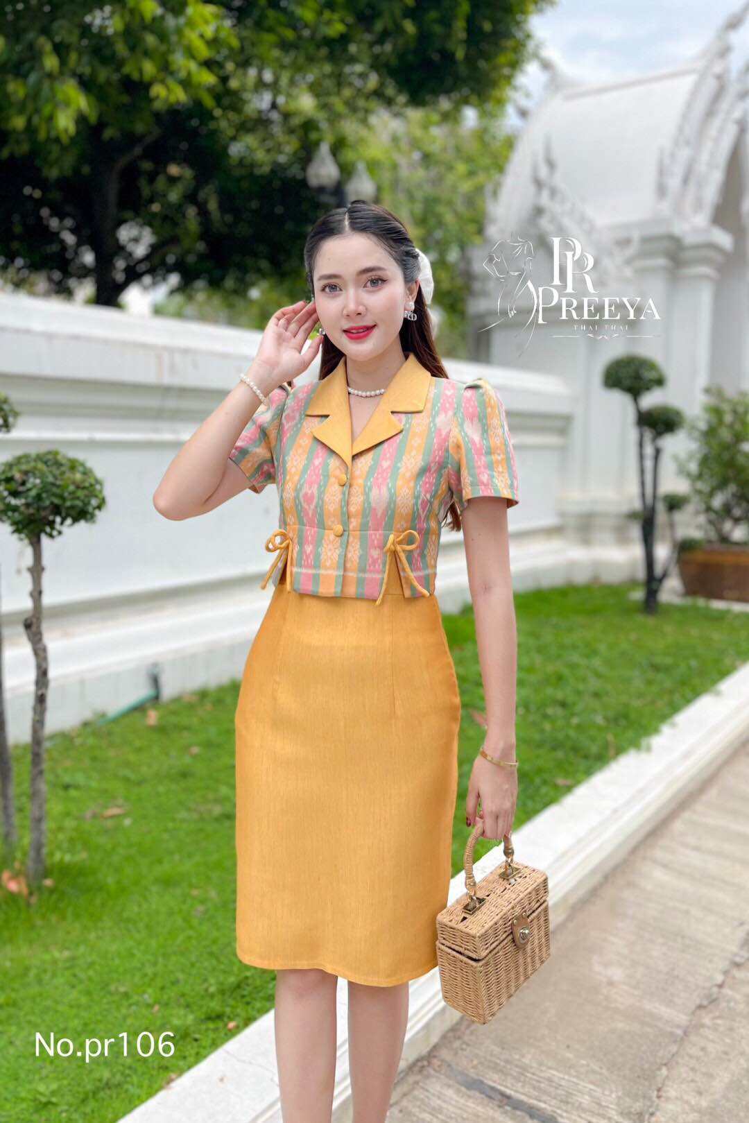 PR106 แบรนด์preeya ชุดเดรสผ้าทอลาย เก็บทรงสวย อัดกาวทั้งชุด คัตติ้งเนี๊ยบ