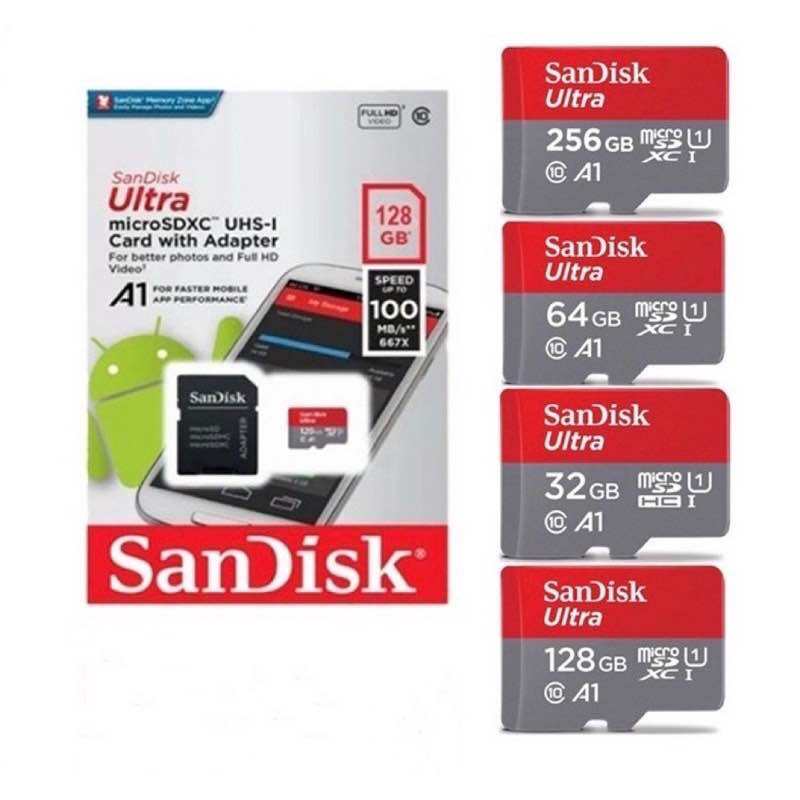 Sandisk Ultra microSD Card ความเร็ว 100MBs ความจุ 32GB 64GB 128GB 256GB 512GB Class10 A1เมมโมรี่ ...