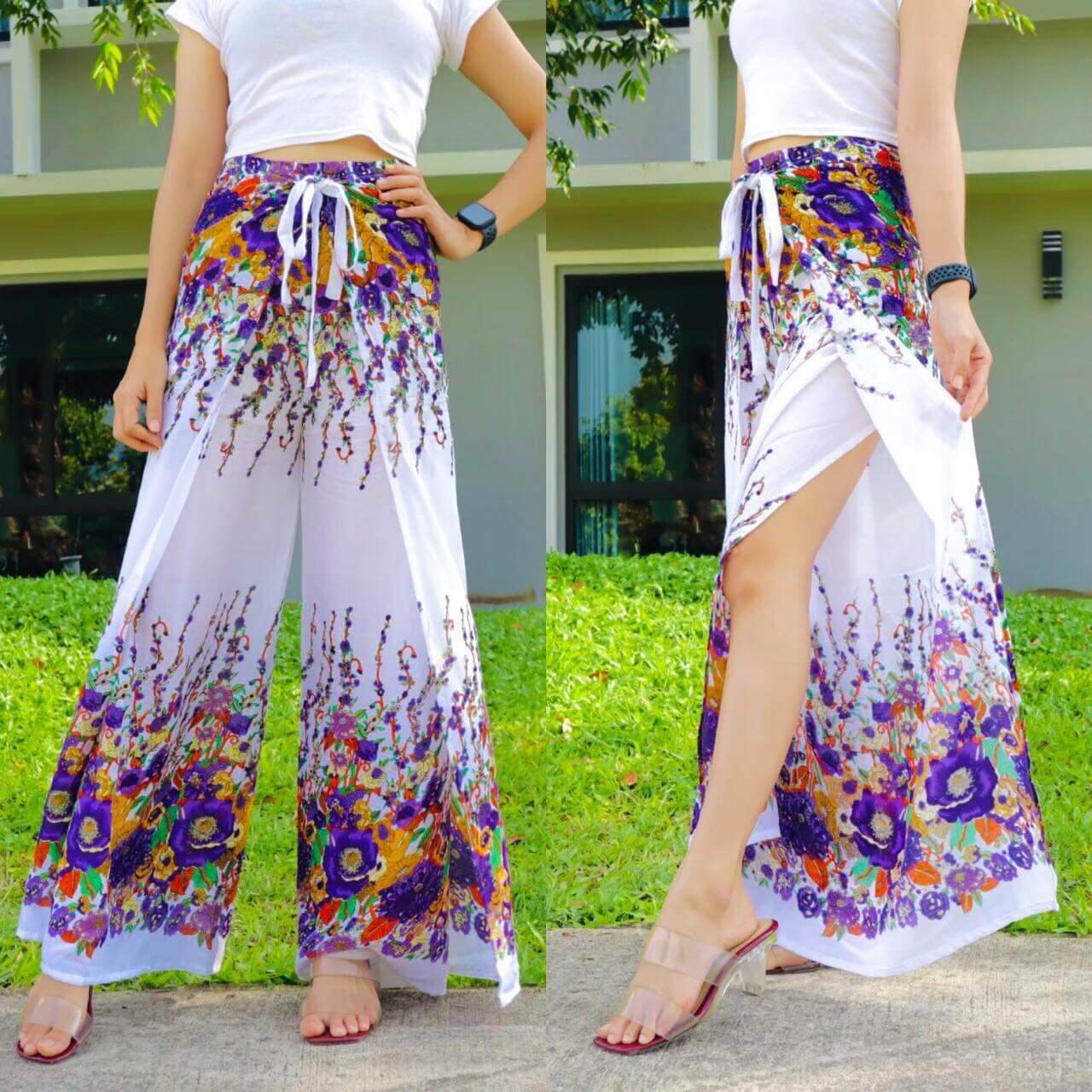 🌸กางเกง 4 สาย ผูกหน้าผูกหลัง🌸 ผ้าเรยอน เอว-สะโพก ฟรีไซส์ #แฟชั่นผู้หญิง ...