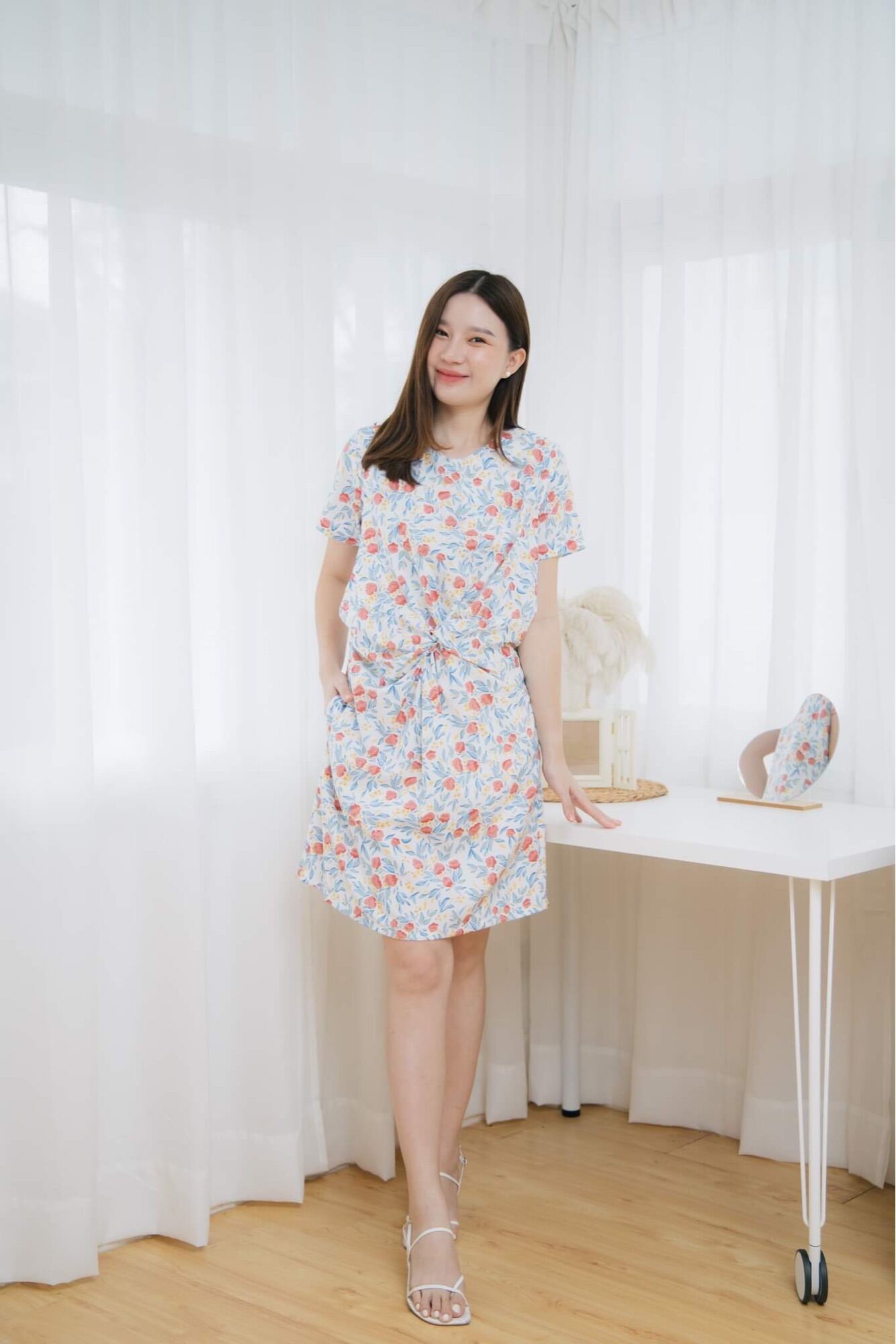 Mommade ชุดให้นม เดรสให้นม Sky White Flora Tie dress - ชุดให้นมmommadeshop - ThaiPick