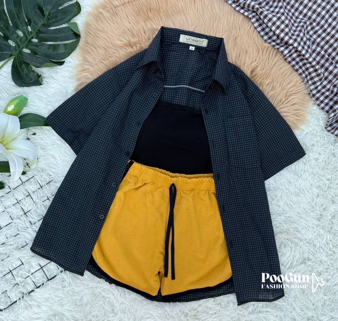 Set3ชิ้น เสื้อเชิ้ตลายสก๊อต + เสื้อสายเดี่ยววินเทจ + กางเกงสายฝอ เซตตัดอ้อย ชุดเซ็ต ♾ PooGun ...