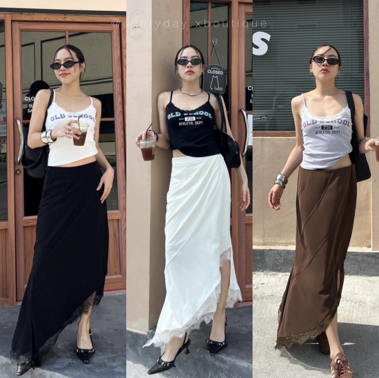Silk Satin Layers Skirt 🤍🤎🖤430฿ กระโปรงเฉียง เล่นเลเยอร์ช่วงชายกระโปรงแต่งลูกไม้ เป็นผ้าผสม