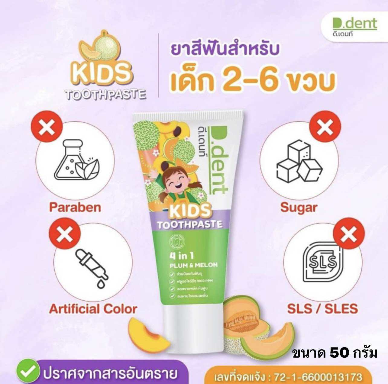 5หลอดยาสีฟันD.dent Kids TOOTHPASTE PLUMMELONกลิ่นผลไม้ดีเดนท์คิดส์2-6 ...