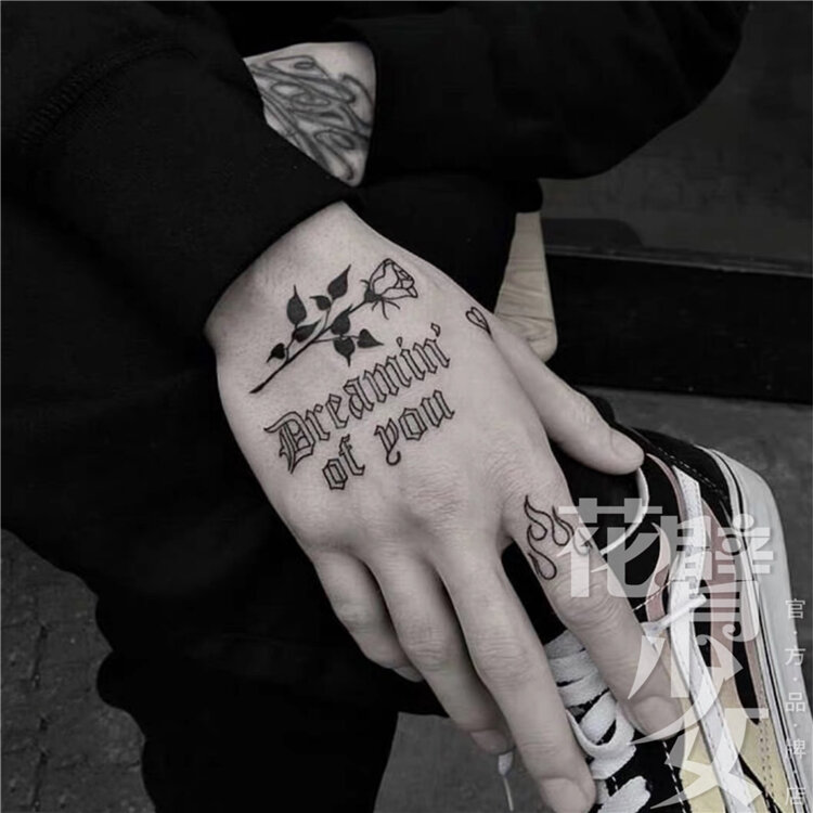 แขนดอกไม้รอยสักสำหรับสาวๆ A51สีดำทึบมือหลังนิ้วตัวอักษรดอกไม้เปลวไฟสติกเกอร์รอยสักรอยสักสีเขียว ...
