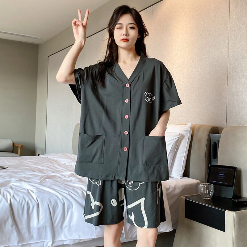 ชุดนอนผ้าฝ้ายแท้สำหรับสาวอวบชุดอยู่บ้านแขนสั้นลายการ์ตูนแบบใหม่ฤดูร้อน ...