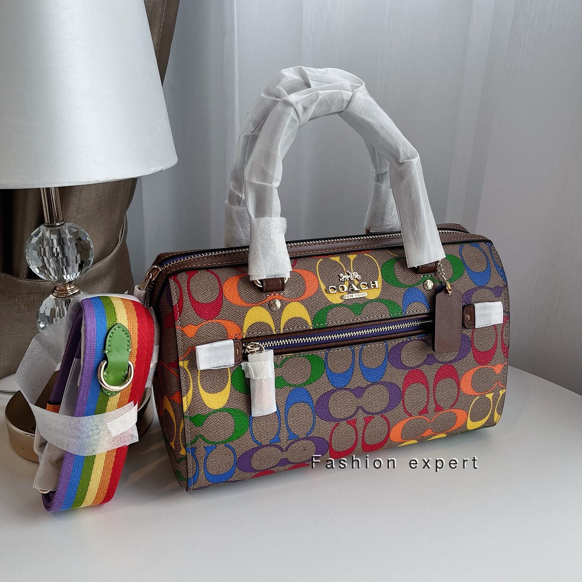 ของแท้100% กระเป๋าสะพาย Coach C4396 Rowan Satchel In Rainbow Signature ...