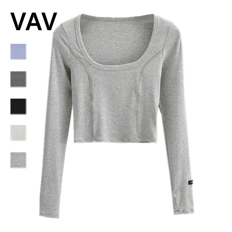 แนวอเมริกันสไตล์ฝรั่งแนวย้อนยุคเอวสูงเอวลอยเสื้อยืดแขนยาวสาวอ้วนแฟชั่นเข้ากับทุกชุดสลิมแลดูผอมคอ