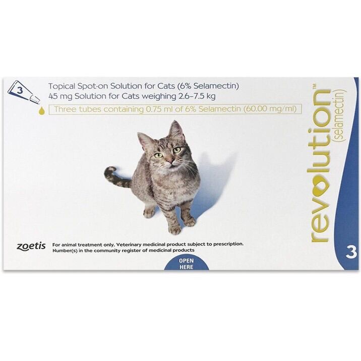 Re volution สำหรับแมวน้ำหนัก 2.5-7.5 kg (สีน้ำเงิน) ยาหยอดหลังคอกำจัดเห็บหมัด 1กล่อง บรรจุ 3 ...