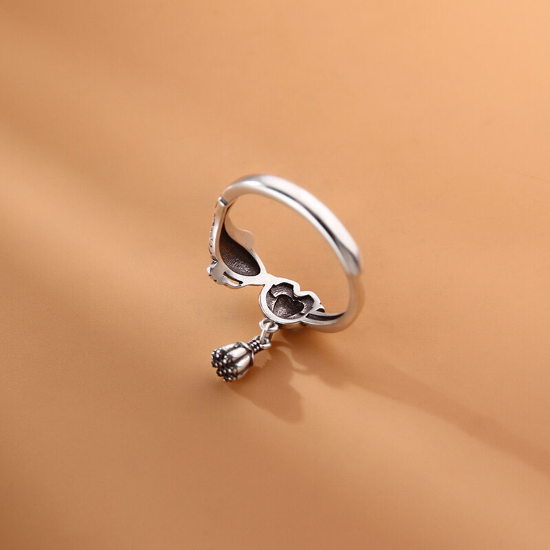 แหวนเงินแท้แบบปลายเปิดรูปดอกบัวปลาคราฟวินเทจสำหรับผู้หญิงแหวนนิ้วชี้นำโชคนำโชคลาภนำโชคแบบใหม่ ...