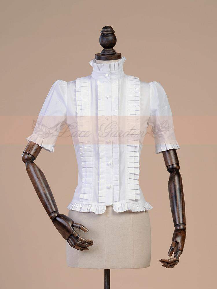 [Lace Garden] เสื้อเชิ้ตผ้าฝ้ายแท้สีดำและสีขาวแขนพองคอตั้งชายระบาย ...