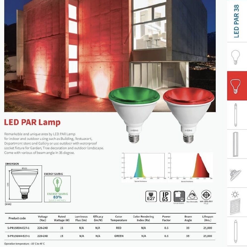 1ดวง-- TOSHIBA SHINING หลอดPAR E27 หลอดไฟ LED PAR38 15W กันน้ำ กันฝุ่น ...